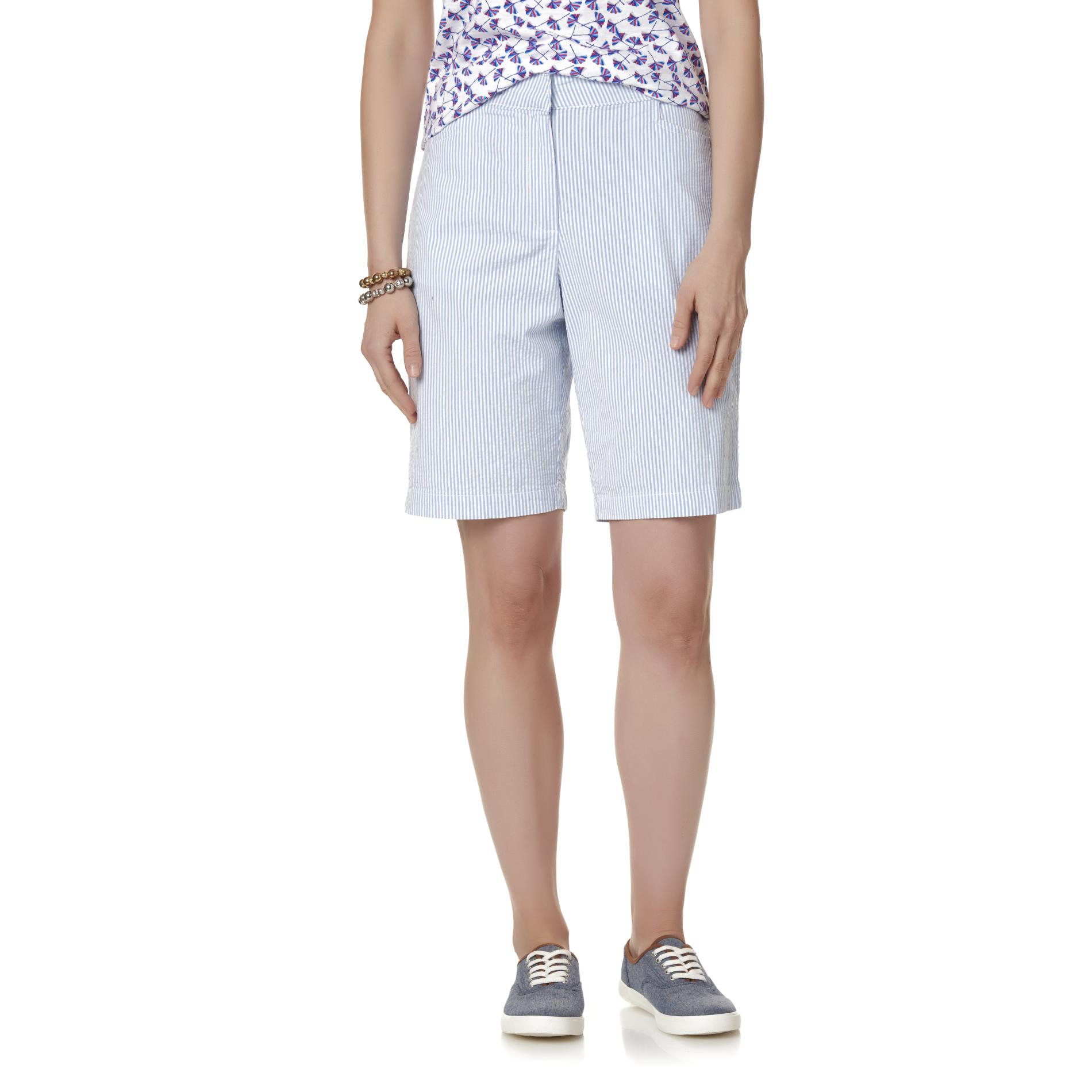 Basic Editions Womens Seersucker Bermuda Shorts Striped