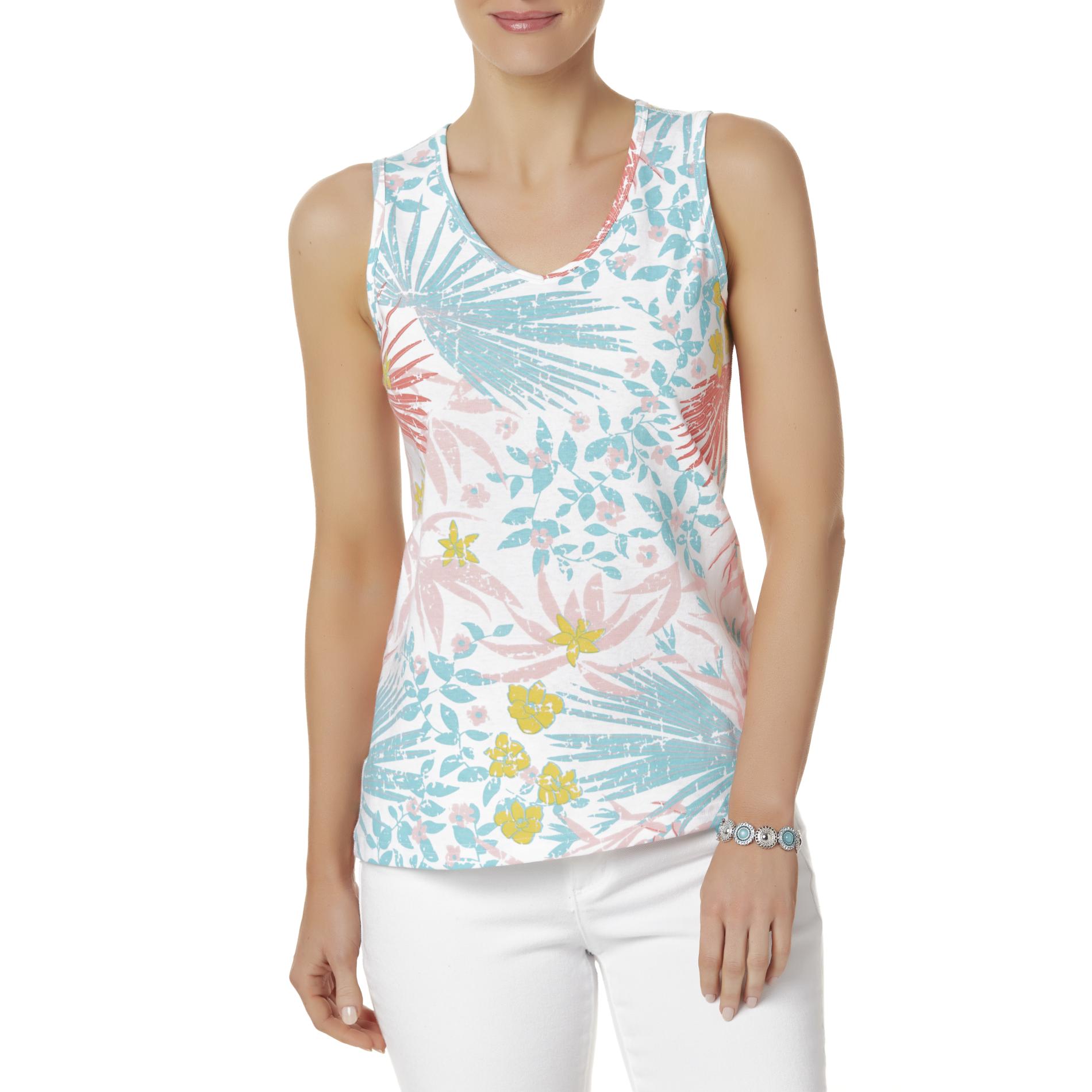 Basic Editions Women's V-Neck Tank Top - Tropical Floral