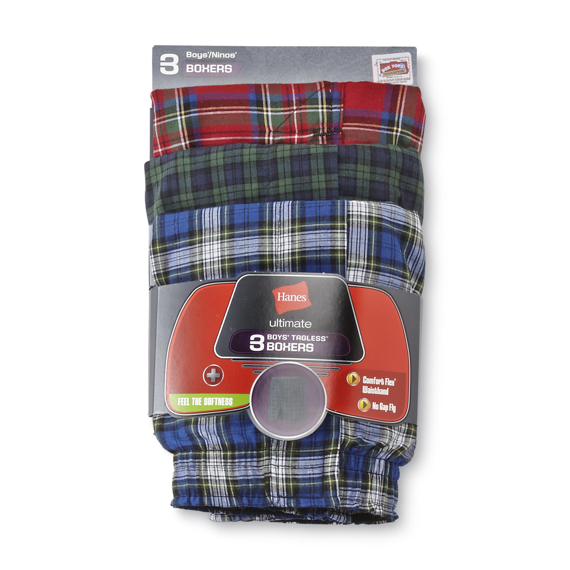 Hanes 3-Pairs Boy's Tagless Boxers - Plaid