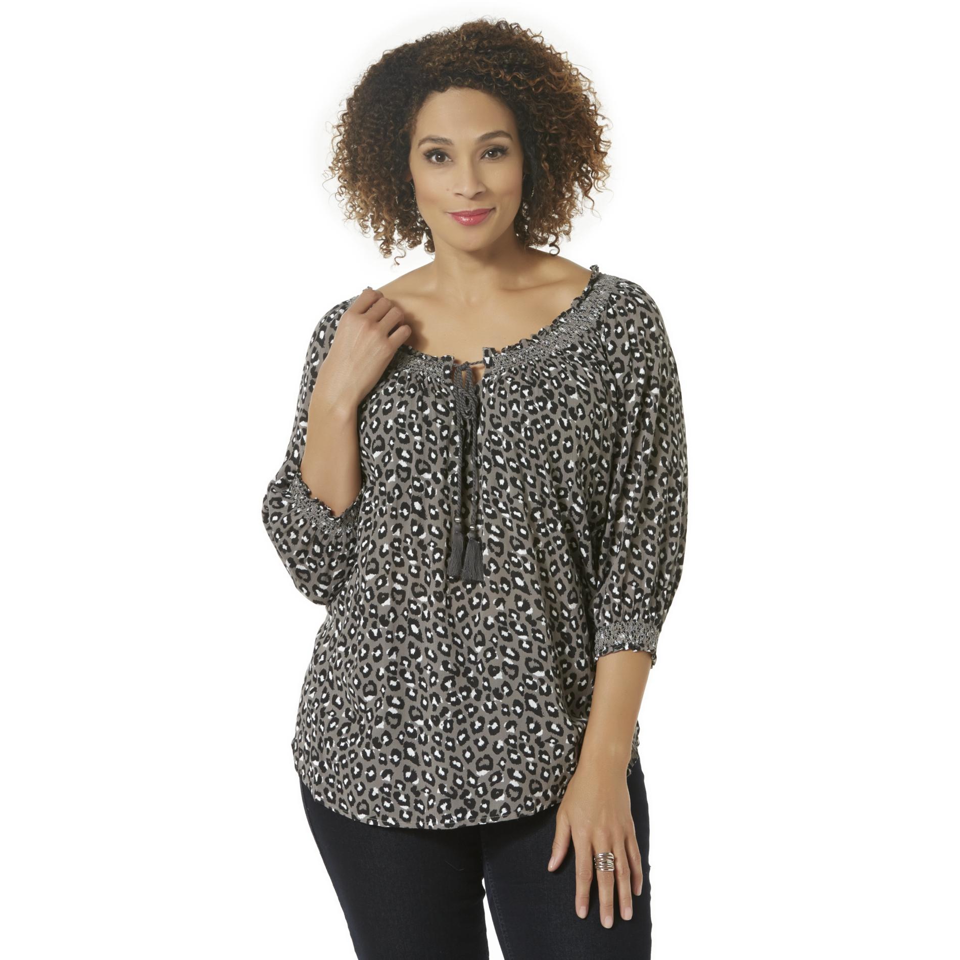 Basic Editions Women's Plus Smocked Peasant Top - Leopard Print Basic Editions Women's Plus Smocked Peasant Top - Leopard Print