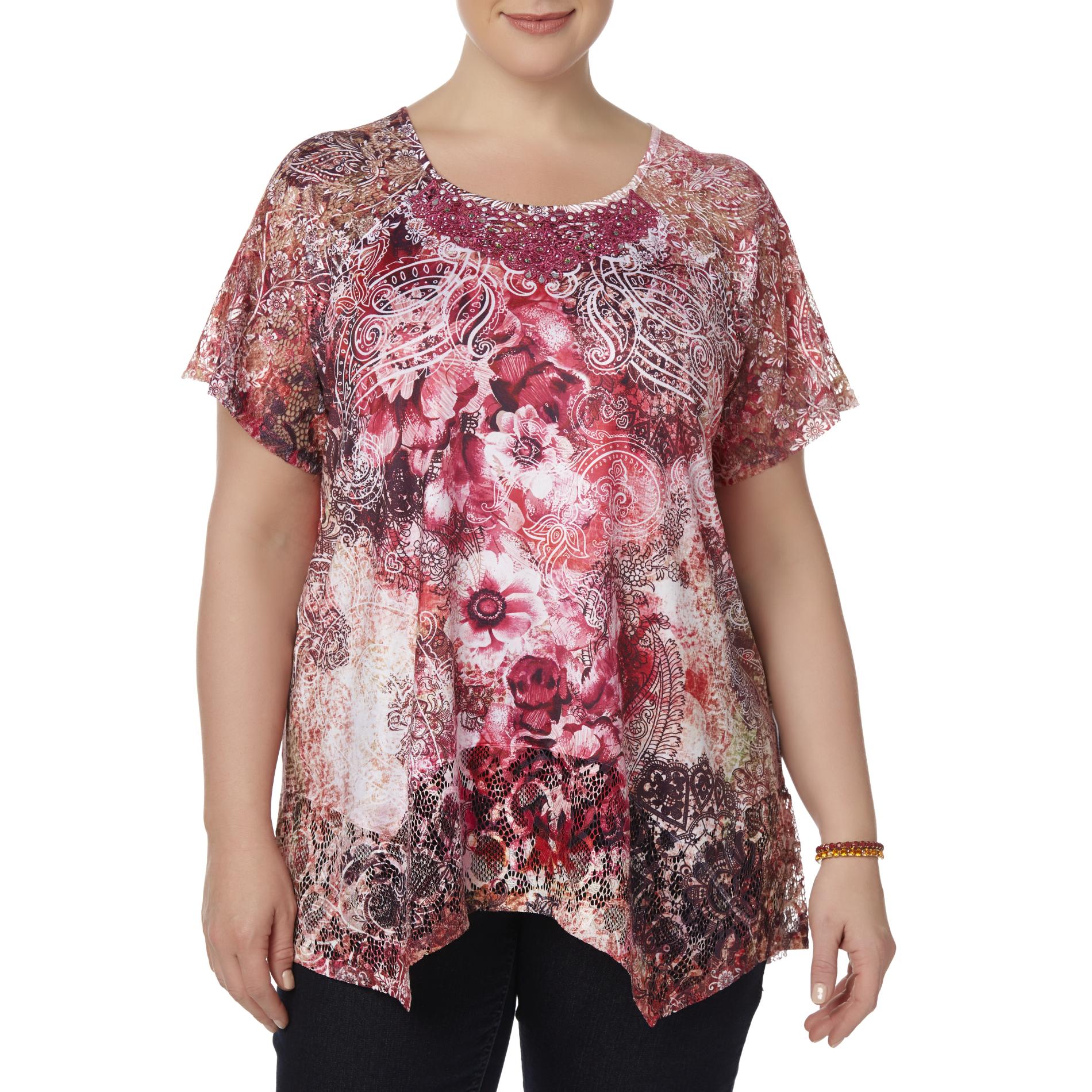 Simply Emma Women's Plus Flutter Sleeve Top - Floral & Paisley