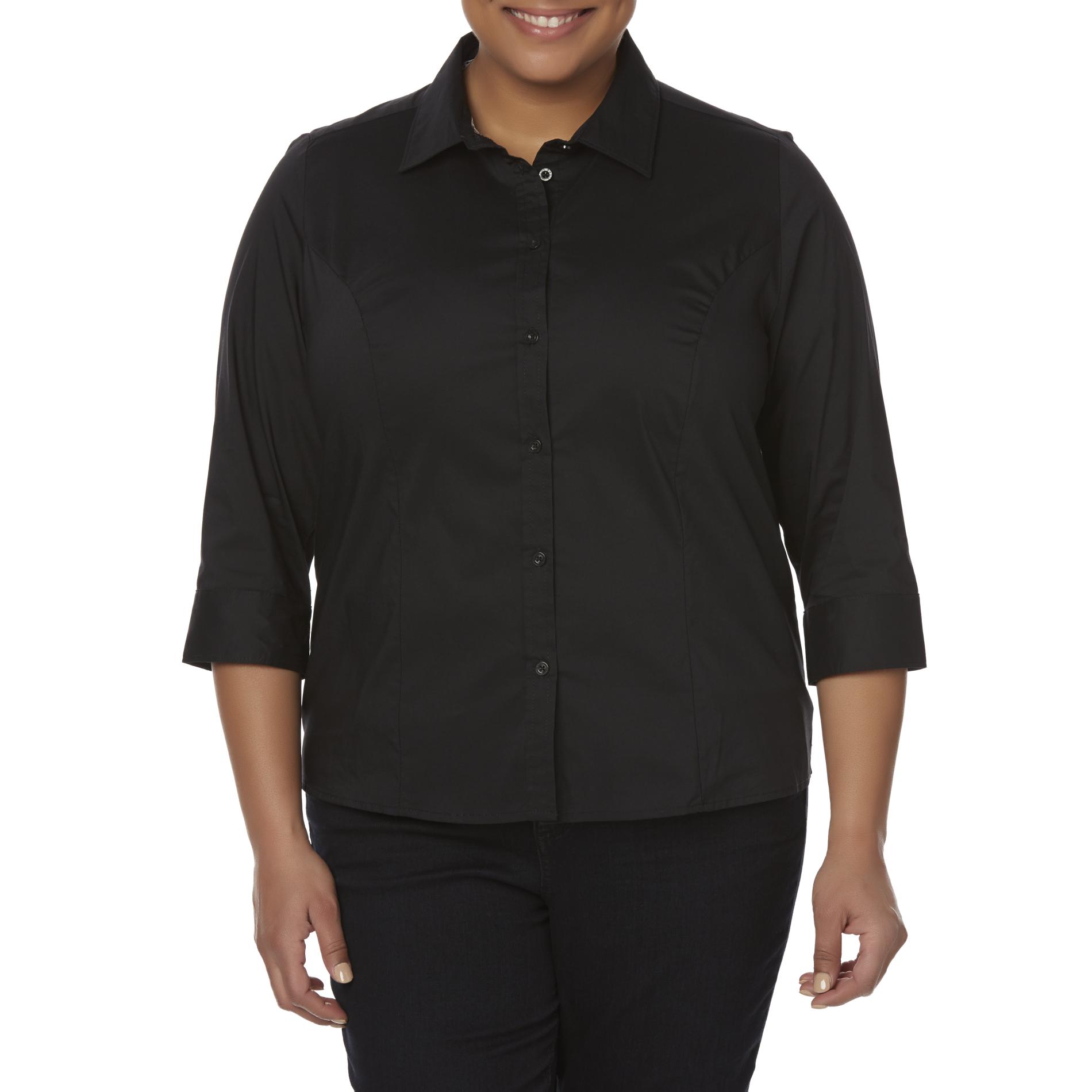 Basic Editions Women's Plus Three-Quarter Sleeve Blouse
