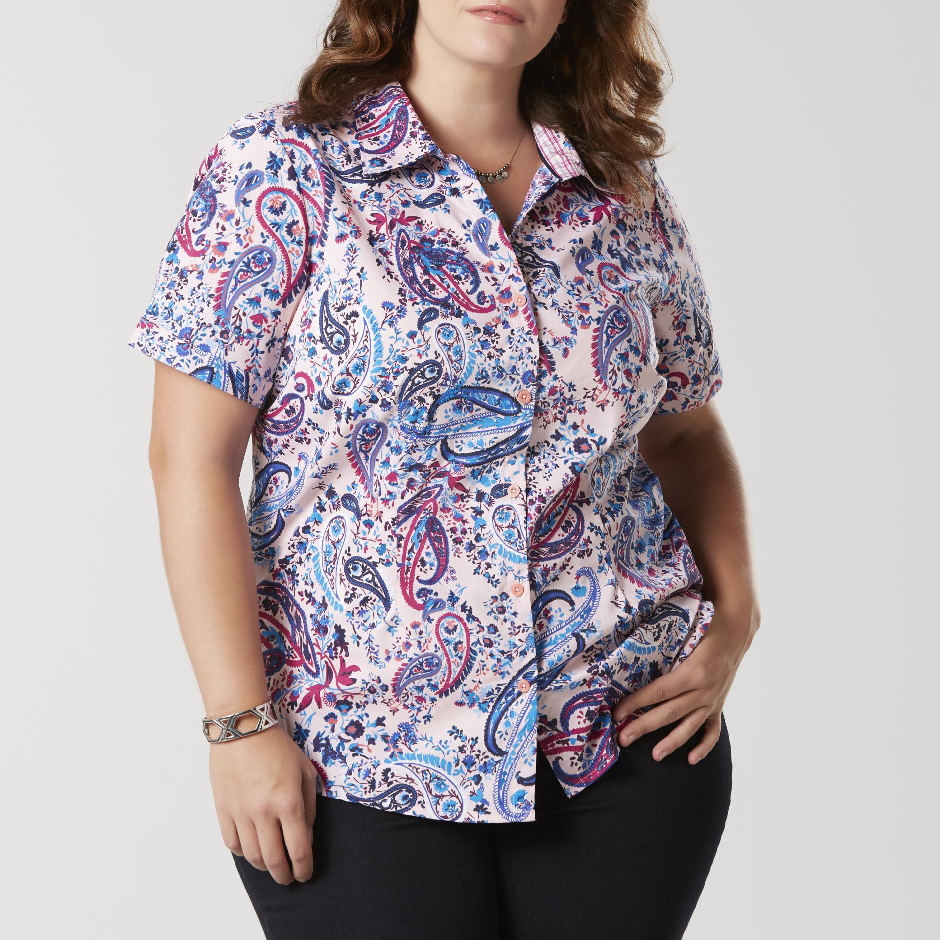 Basic Editions Women's Plus Camp Shirt - Floral Paisley
