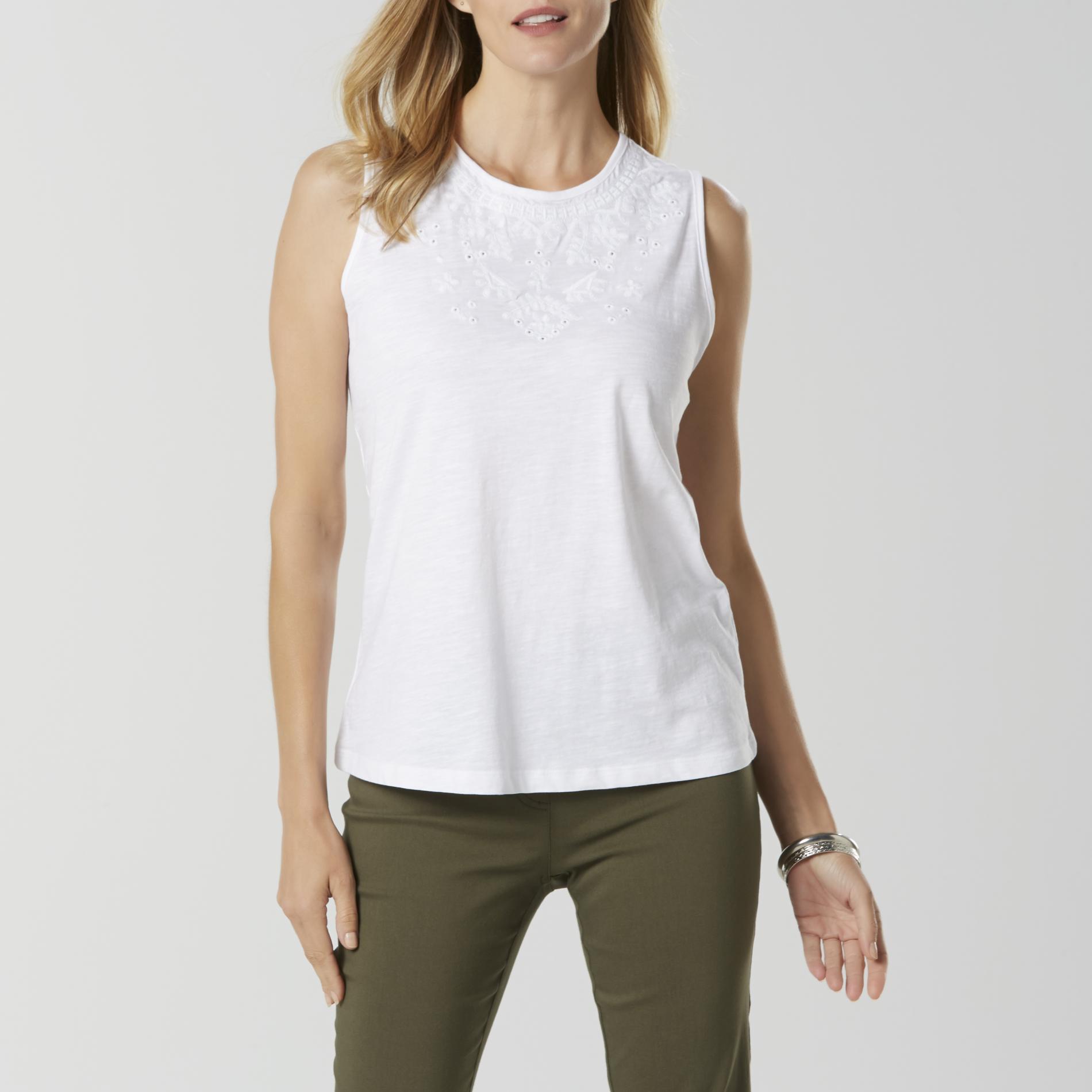 Basic Editions Women's Embroidered Sleeveless Top