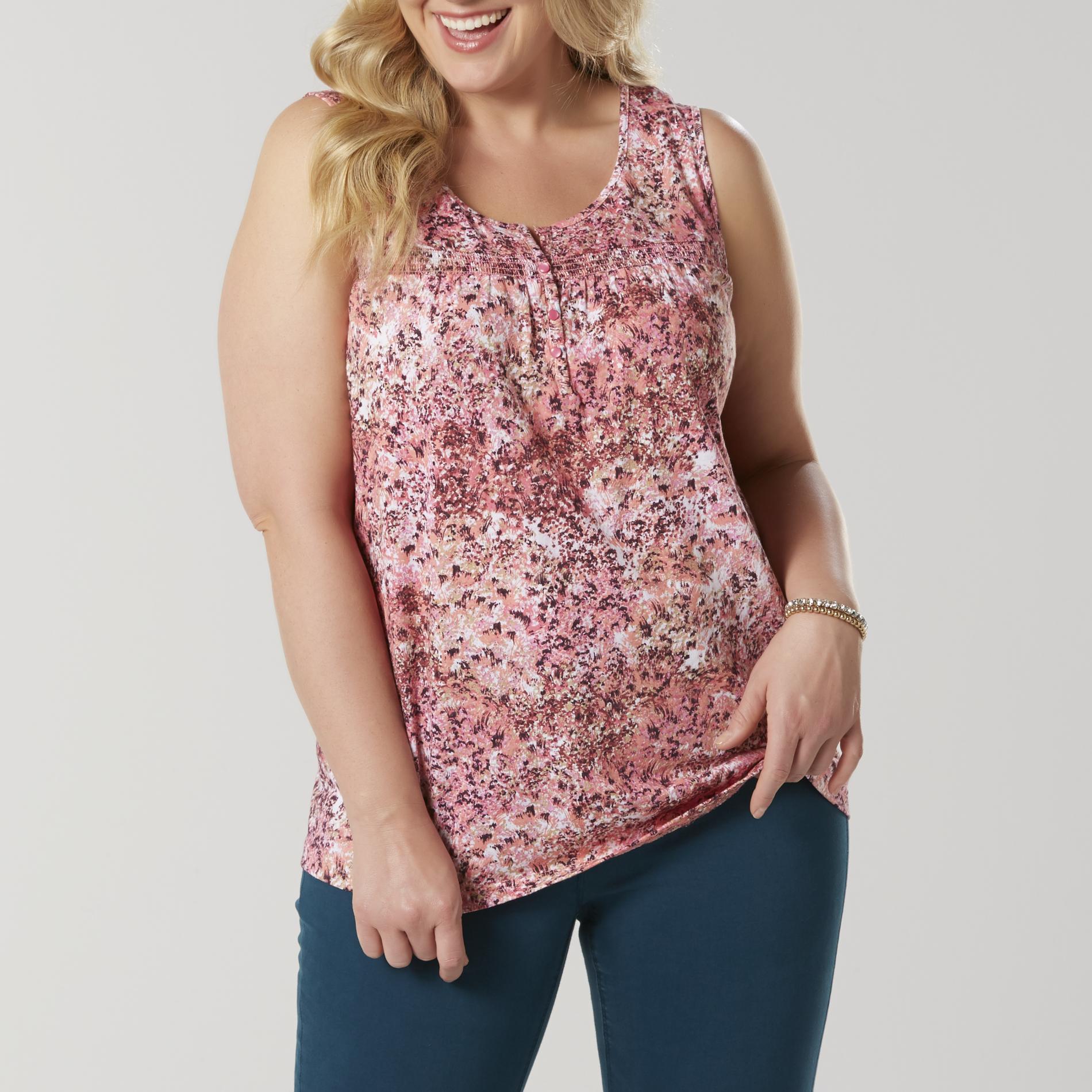 Basic Editions Women's Plus Smocked Tank Top - Abstract