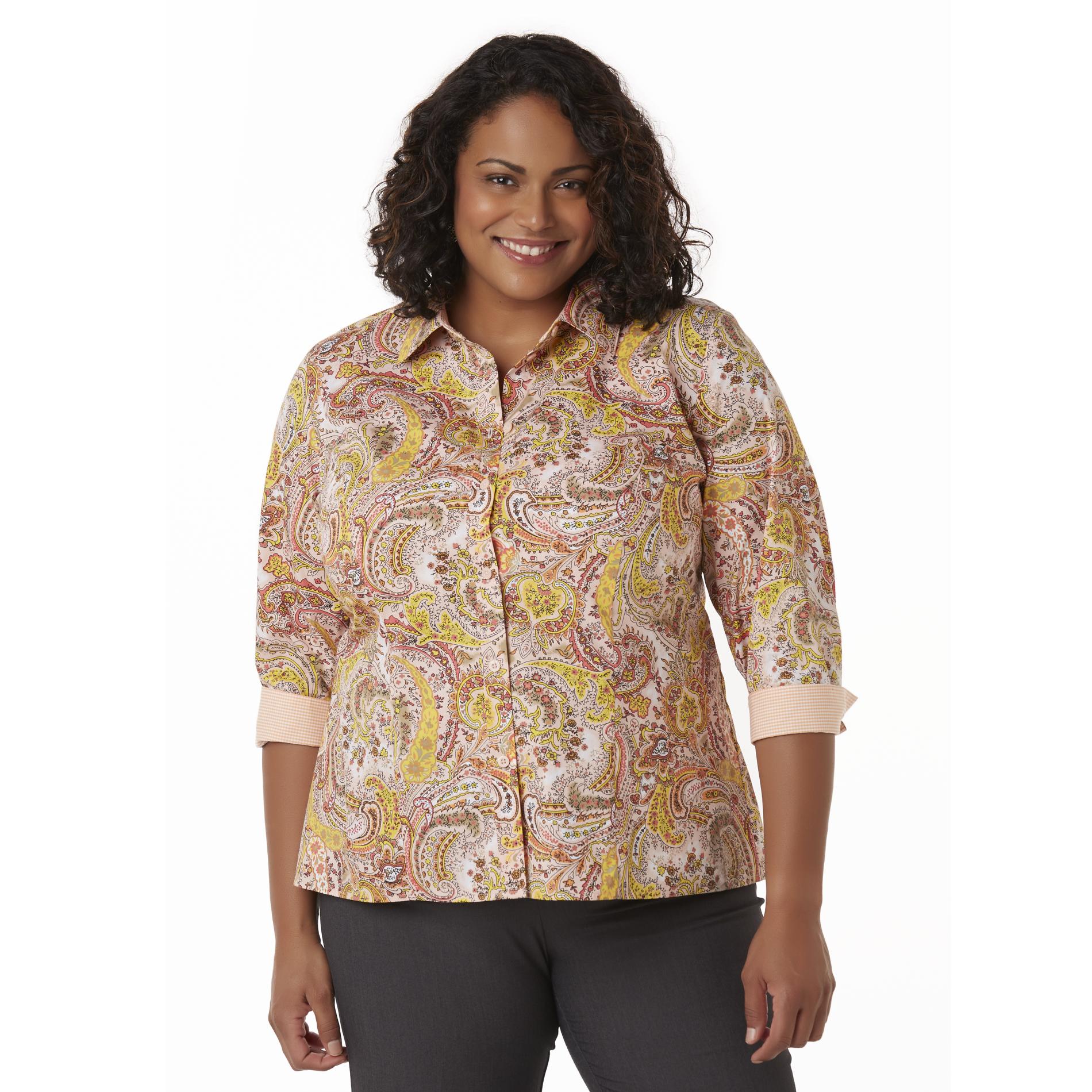 Basic Editions Women's Plus Three-Quarter Sleeve Blouse - Paisley