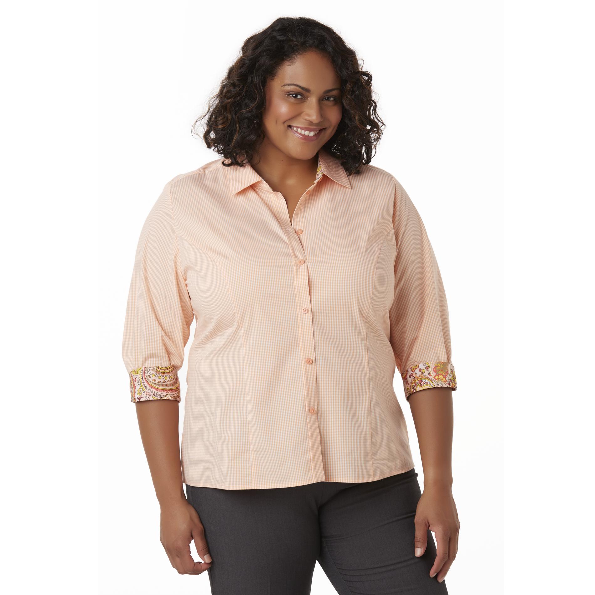 Basic Editions Women's Plus Three-Quarter Sleeve Blouse - Gingham