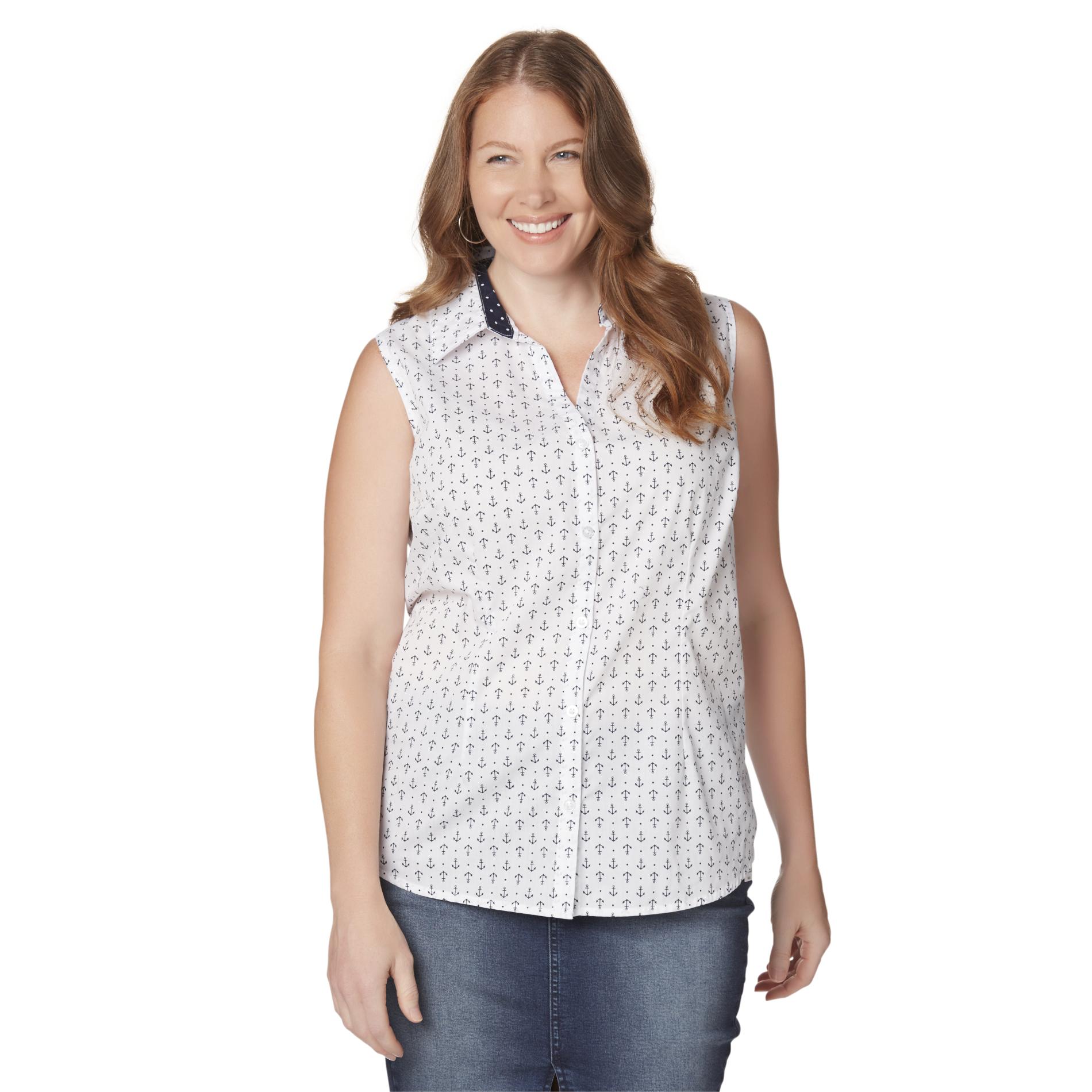 Basic Editions Women's Plus Sleeveless Camp Shirt - Anchor