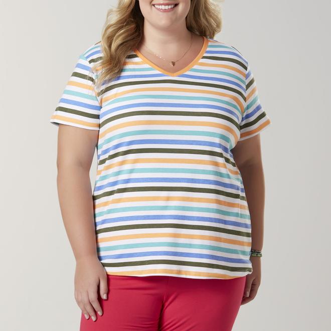 Basic Editions Women's Plus Relaxed Fit V-Neck Top - Striped