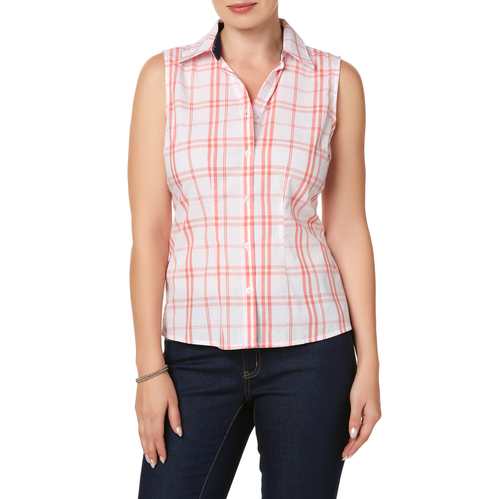 Basic Editions Women's Sleeveless Camp Shirt - Plaid