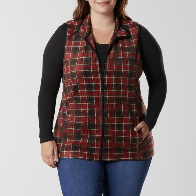 Basic Editions Women's Plus Fleece Vest - Plaid