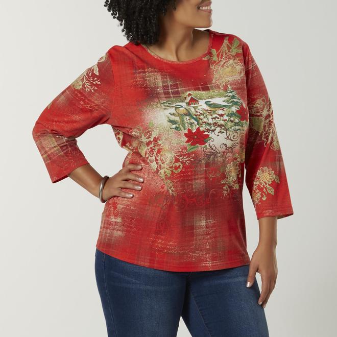 Laura Scott Women's Plus Christmas Shirt - Birds/Poinsettias