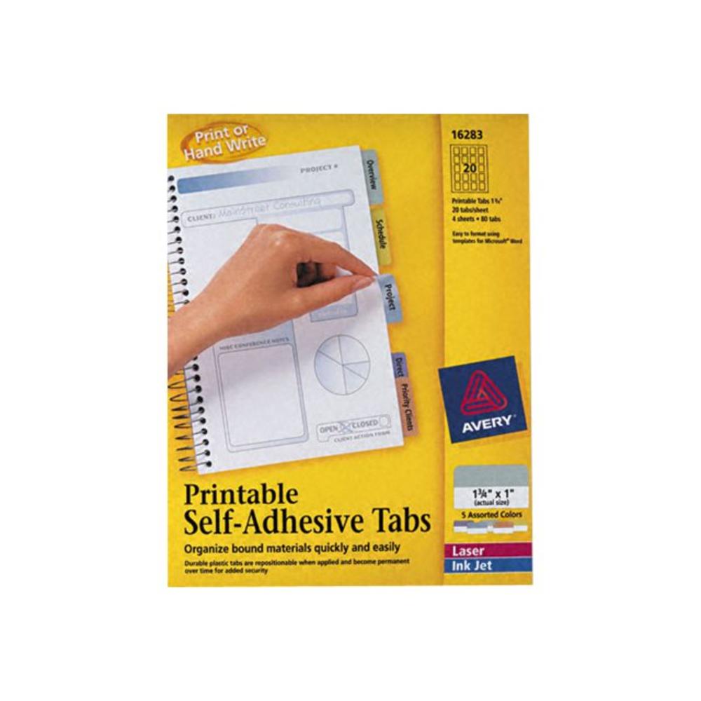 Avery 16283 Printable Plastic Tabs with Repositionable Adhesive, 1 3/4, Assorted (Pack of 80)