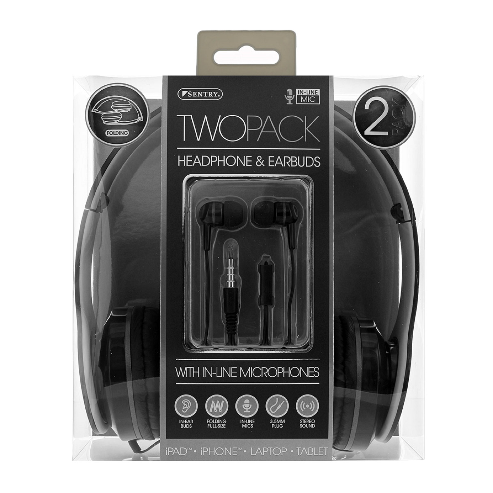 Sentry HC250 Earbud & Headphone 2 Pack - Black