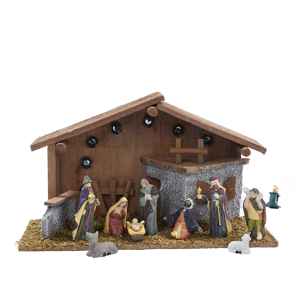 Nativity Set of 10 Pieces with Figures and Lighted Wooden Stable