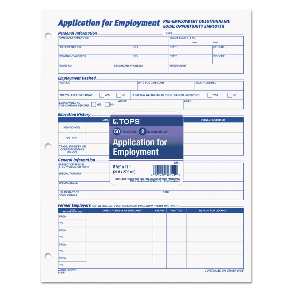 TOPS TOP32851 Employee Application Form, 8 3/8 x 11, 50/Pad, 2/Pack