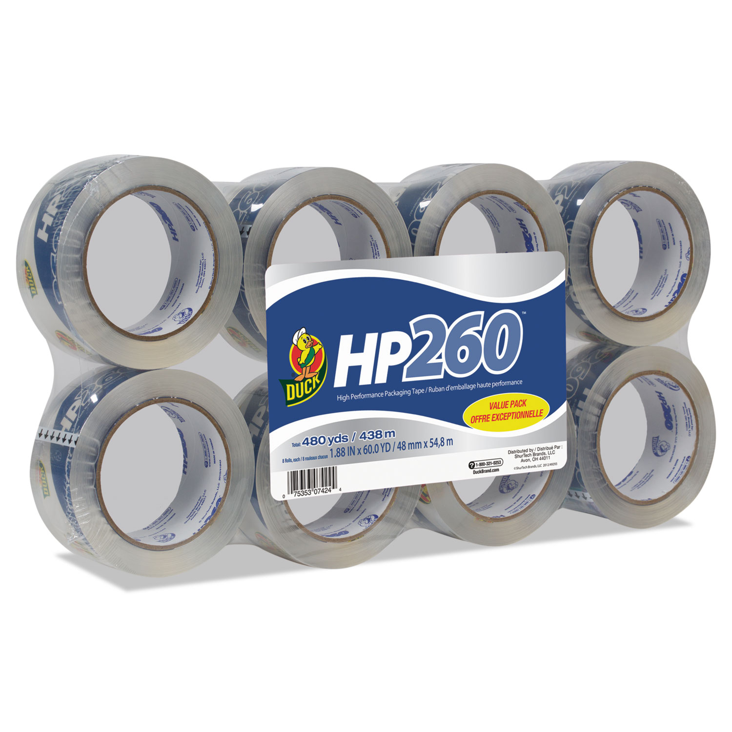 Duck DUC0007424 HP260 Packaging Tape, 1.88" x 60yds, 3" Core, Clear, 8/Pack