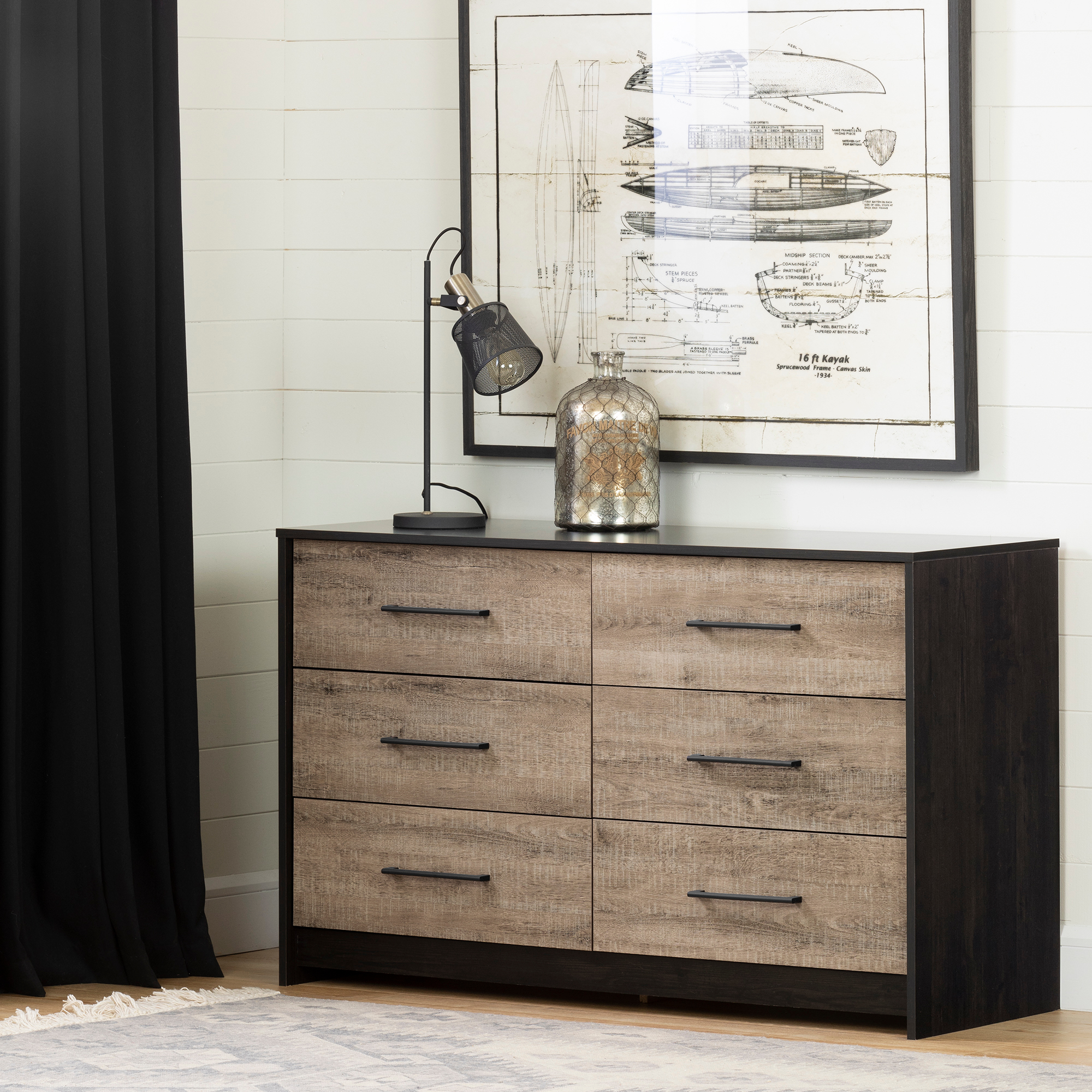 South Shore Londen 6 Drawer Double Dresser Storage Unit Weathered Oak and Ebony