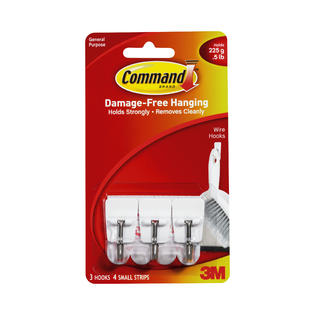Command Small Wire Hooks, White, 3 Hooks, 4 Strips