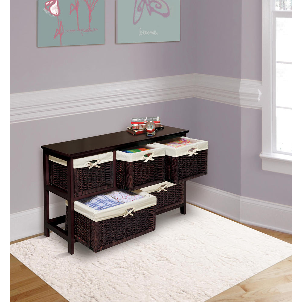 Five Basket Storage Unit in Espresso with Wicker Baskets