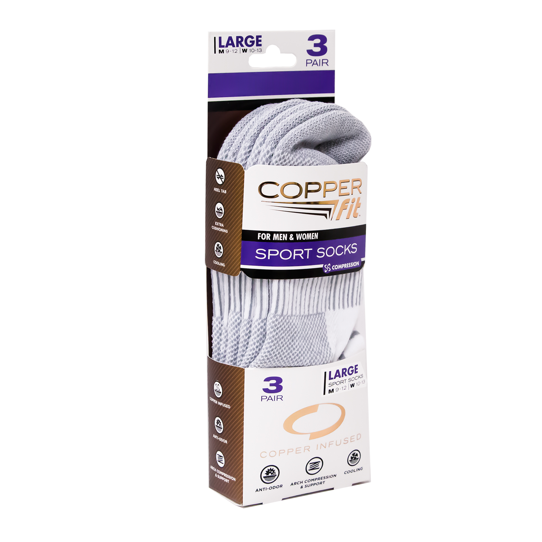 As Seen On TV 3-Pairs Copper Fit Sport Crew Socks - White