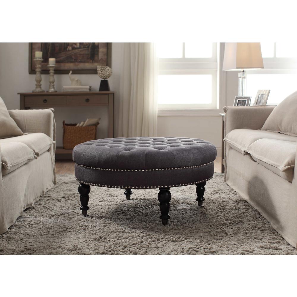 Linon Isabelle Charcoal Round Tufted Ottoman