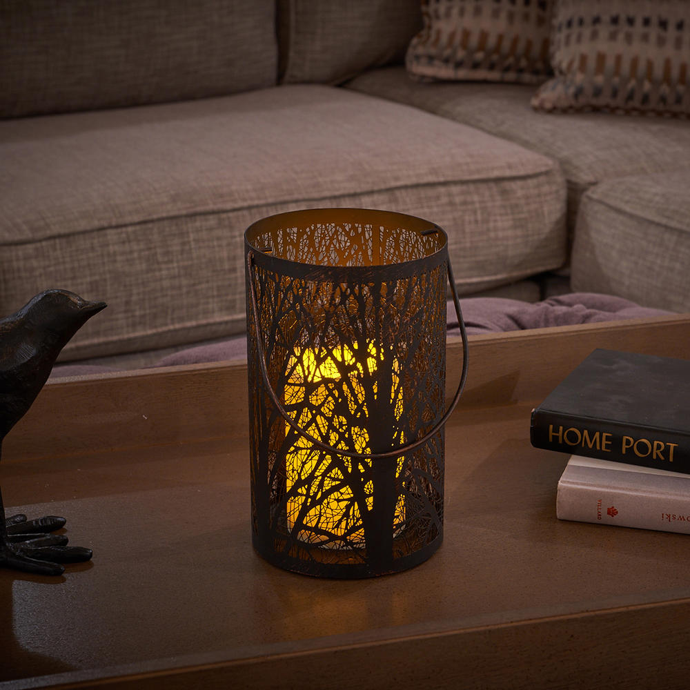 Smart Design Arboretum Metal Cylinder Lantern with Tree Pattern in ...