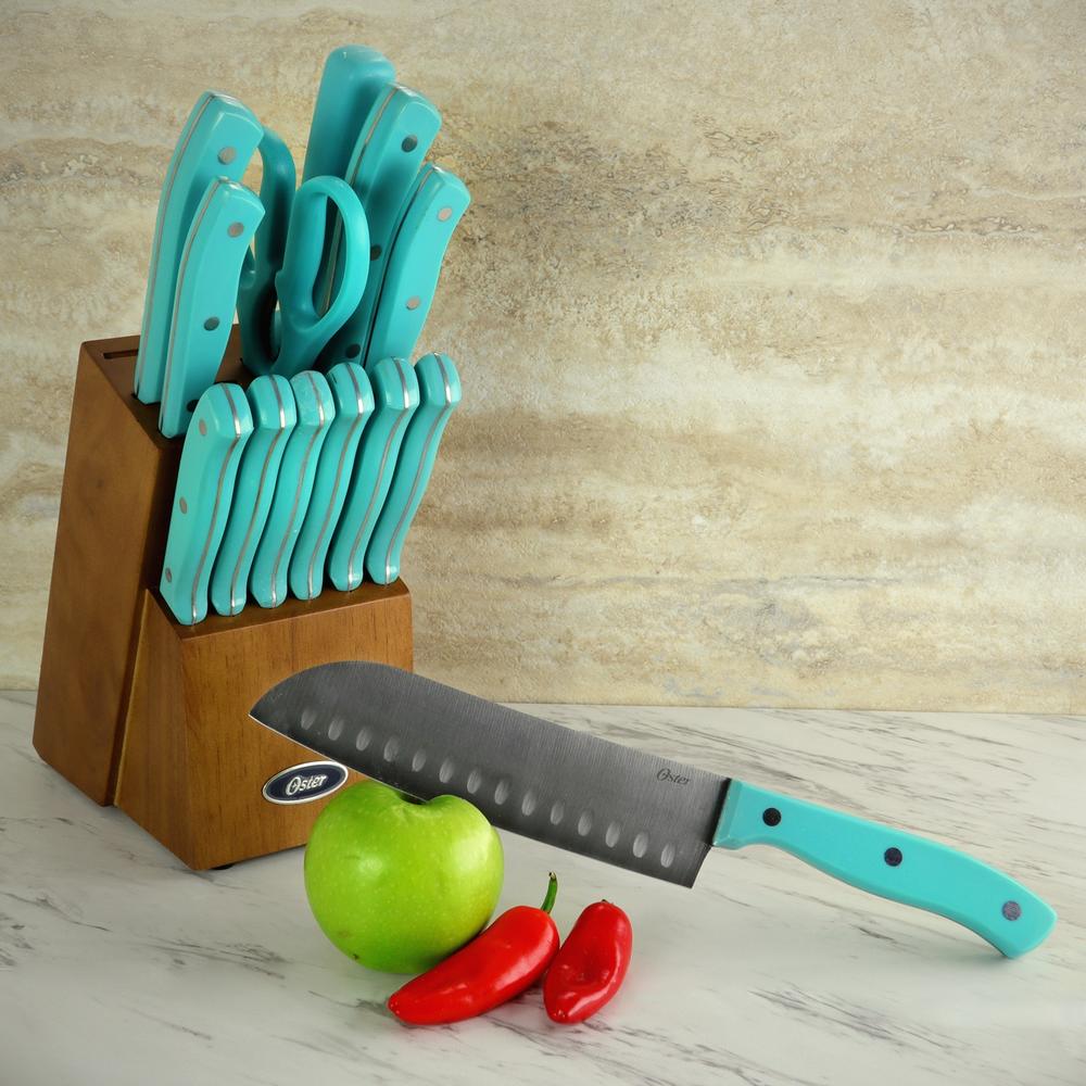 Oster Evansville 14 piece Stainless Steel Cutlery Set with Turquoise ...