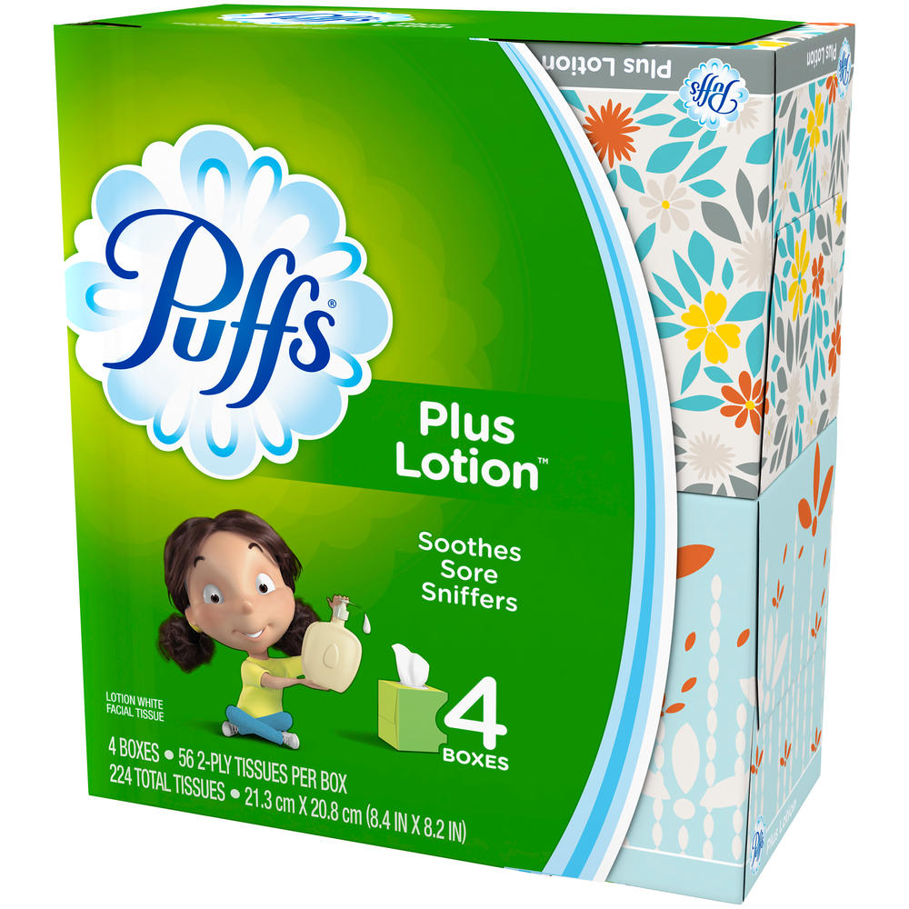 Puffs Facial Tissue, Plus Lotion, White, 2-Ply 4 boxes