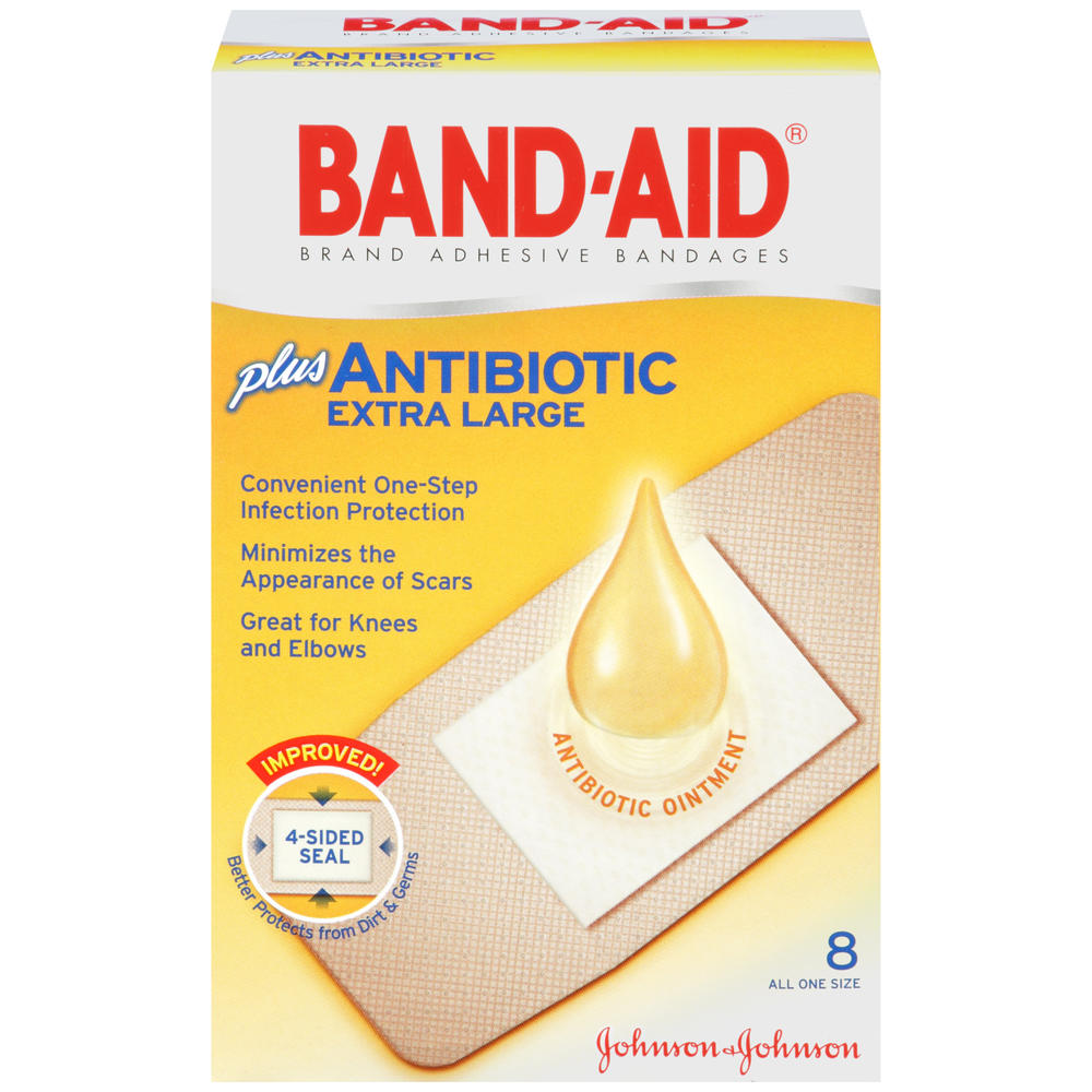 Band-Aid Adhesive Bandages Plus Antibiotic, Extra Large, 8 bandages