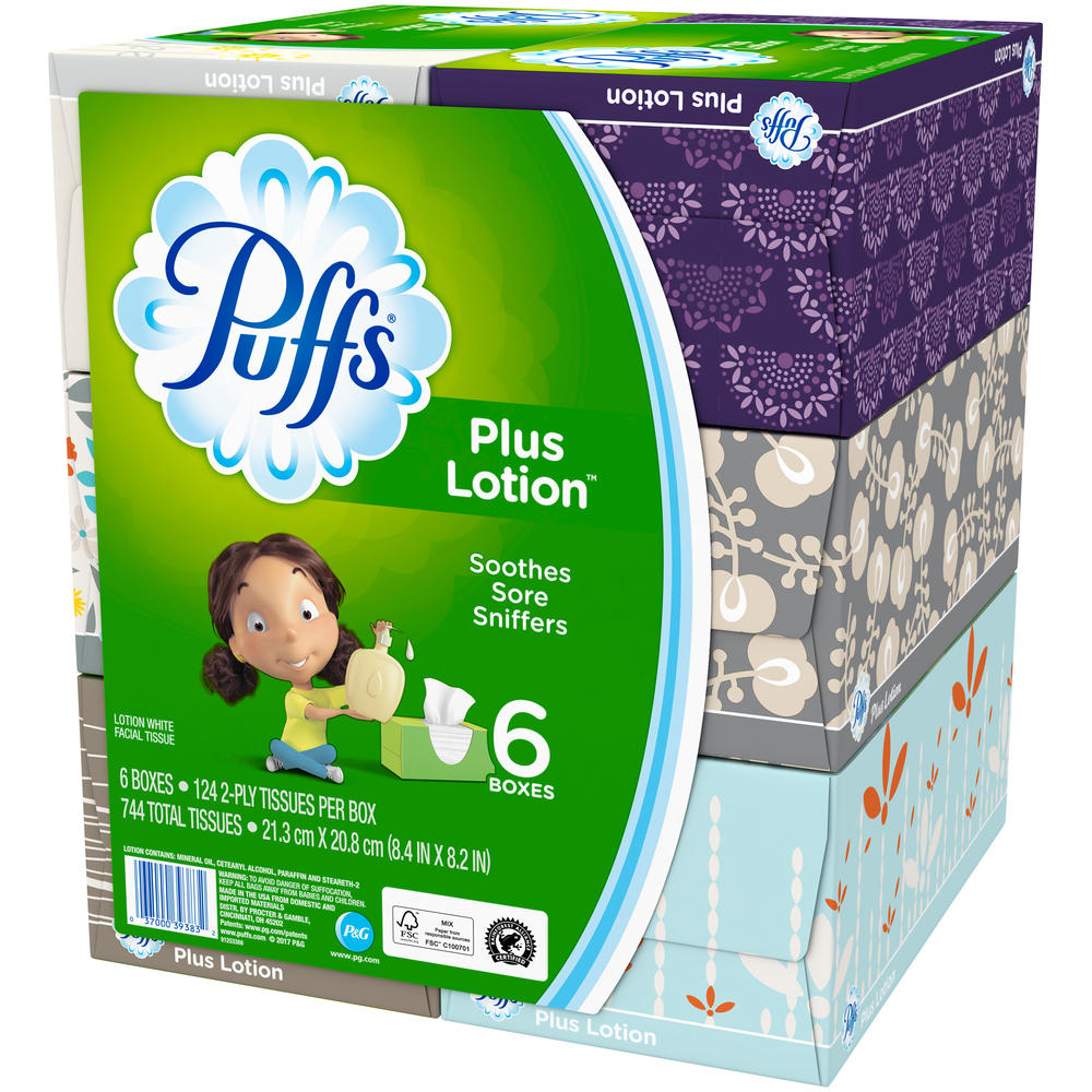Puffs Plus Lotion Facial Tissues, 6 Family Boxes 744 ct Pack, 124 ...
