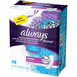 Discreet, Incontinence Pads, Maximum, Regular Length, 48 Ct