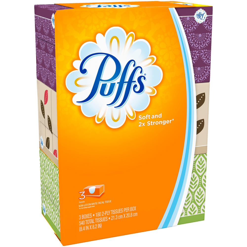 Puffs Basic Facial Tissue, 2-ply tissues, 3 boxes, 540 tissues