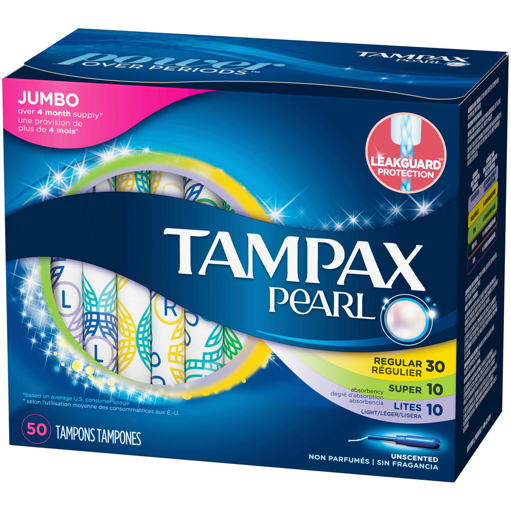 Pearl Tampons, Plastic, Unscented, Jumbo Pack, 50 tampons