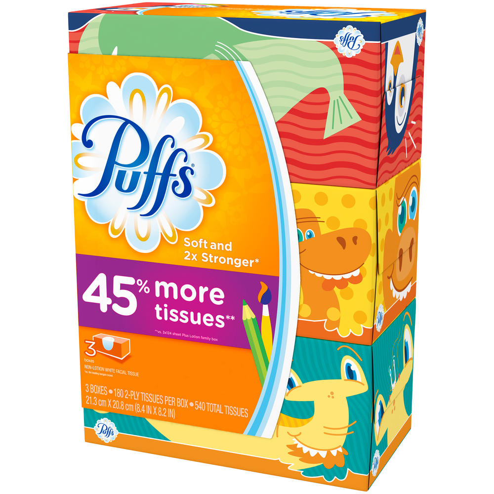 Puffs Basic Facial Tissue, 2-ply tissues, 3 boxes, 540 tissues