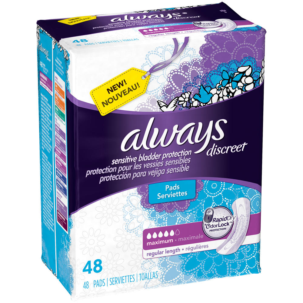 Discreet, Incontinence Pads, Maximum, Regular Length, 48 Ct