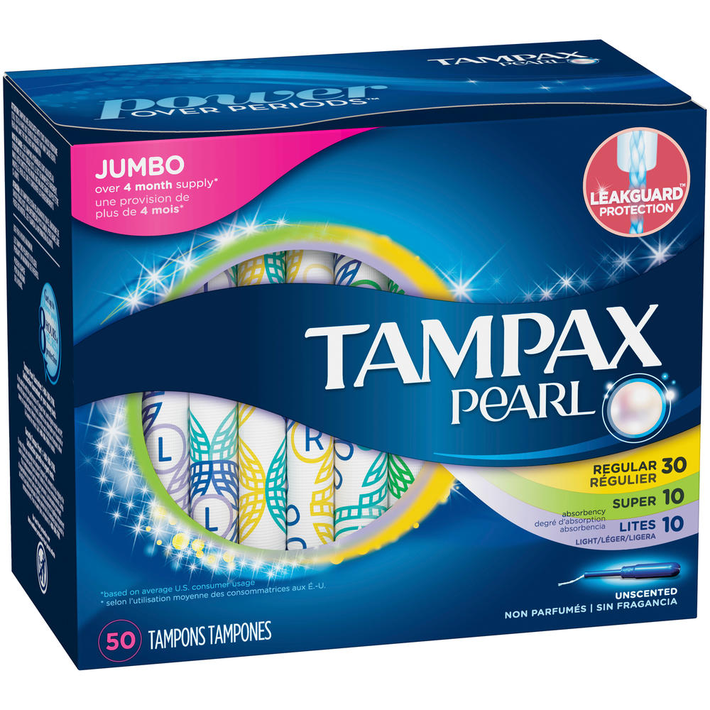 Pearl Tampons, Plastic, Unscented, Jumbo Pack, 50 tampons
