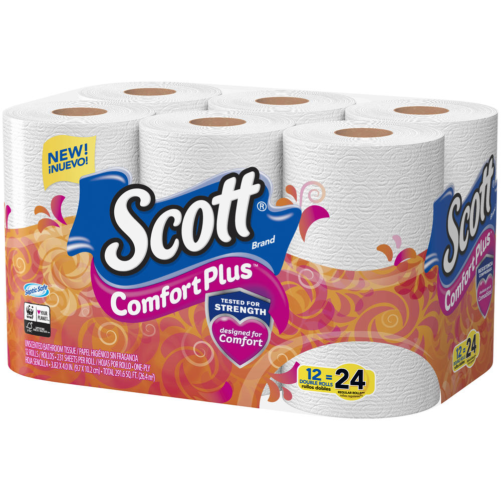Scott ComfortPlus Toilet Paper, Double Roll, 12 Rolls, Bath Tissue