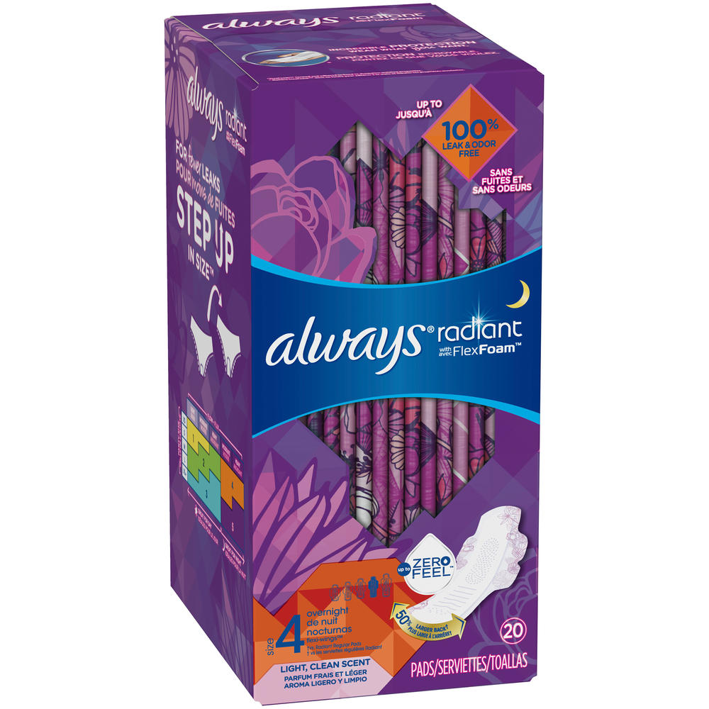 Always Radiant, Size 4, Overnight Sanitary Pads With Wings, 20 Ct