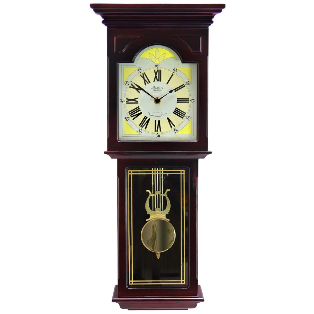 Bedford Clock Collection Redwood Wall Clock with Pendulum and Chimes