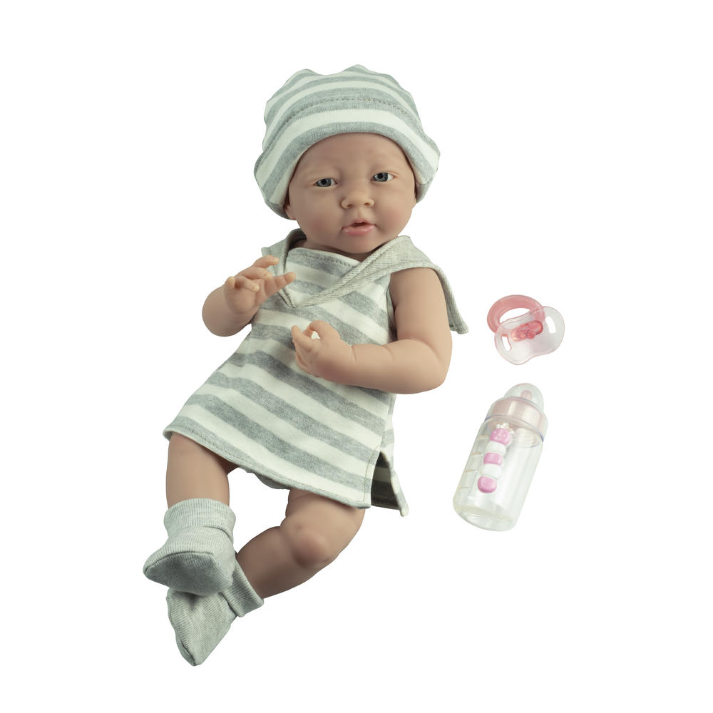 JC Toys La Newborn Real Girl Baby Doll 15" All-Vinyl in Grey Striped outfit