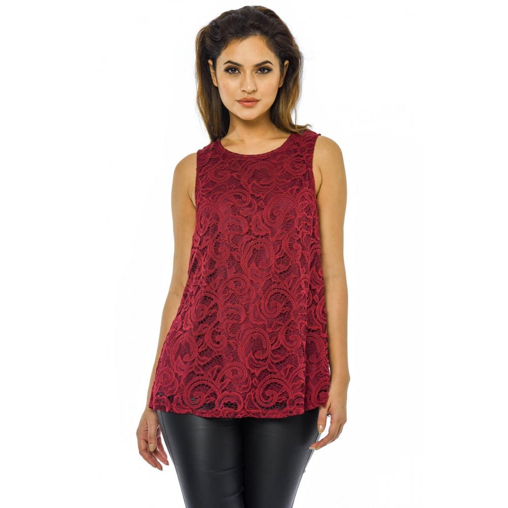 AX Paris Women's Lace Split Back Wine Top - Online Exclusive