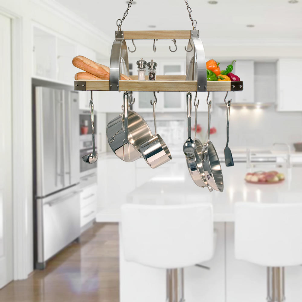 Elegant Designs 2 Light Kitchen Wood Pot Rack with Downlights