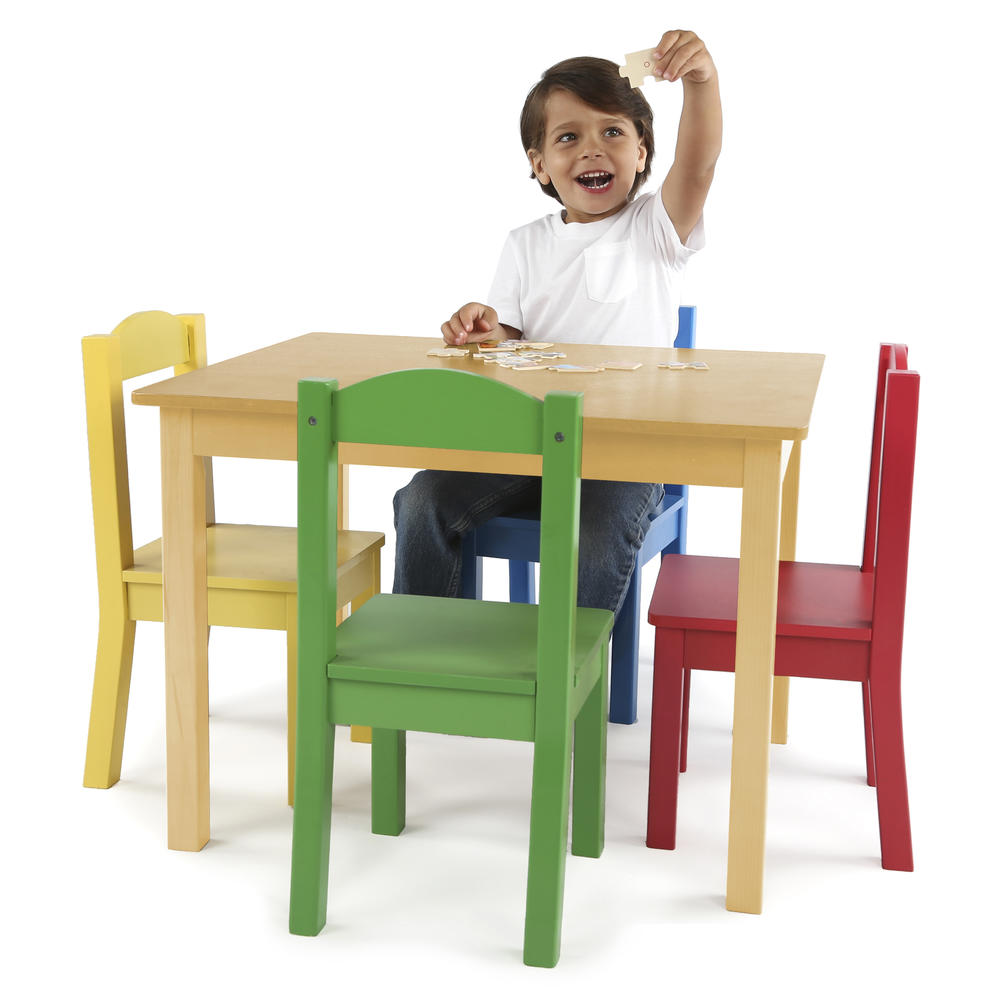 Tot Tutors Kids Wood Table and 4 Chairs Set, Natural/Primary (Primary ...