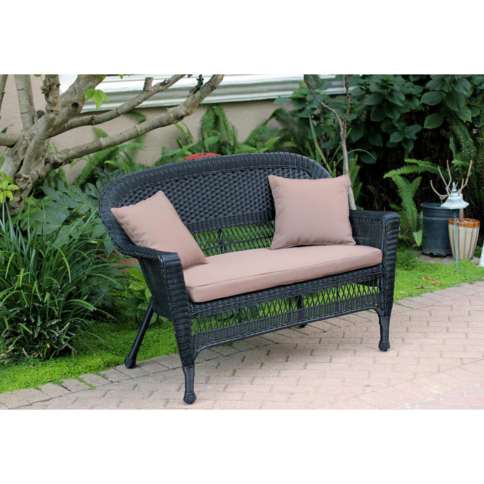 CC Outdoor Living Outdoor Resin Wicker Patio Loveseat with Brown Cushion and Pillows