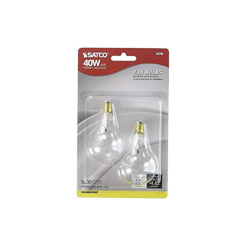 SATCO 2pc. S2740 Candelabra A15 Incandescent Ceiling Fan Light Bulb