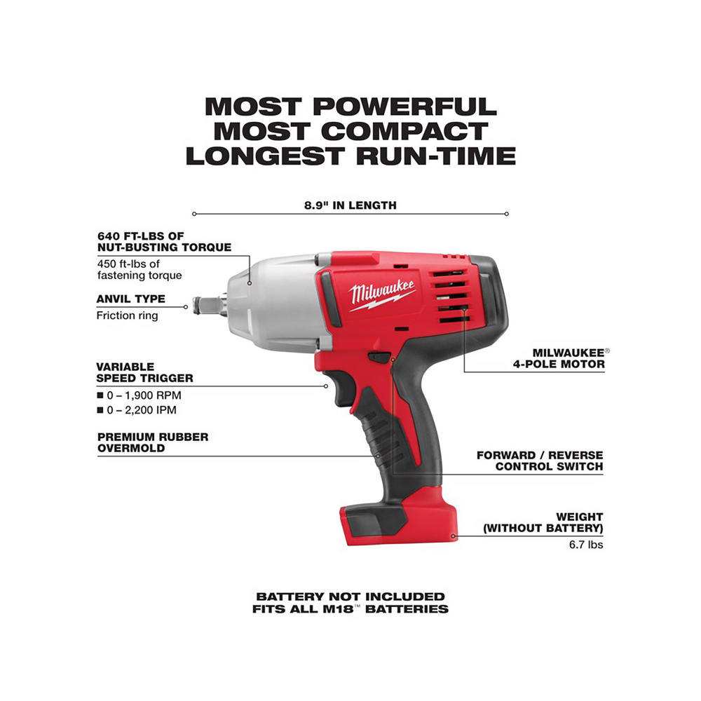 Milwaukee 2663-20 M18 1/2" High Torque Impact Wrench with Friction Ring ...