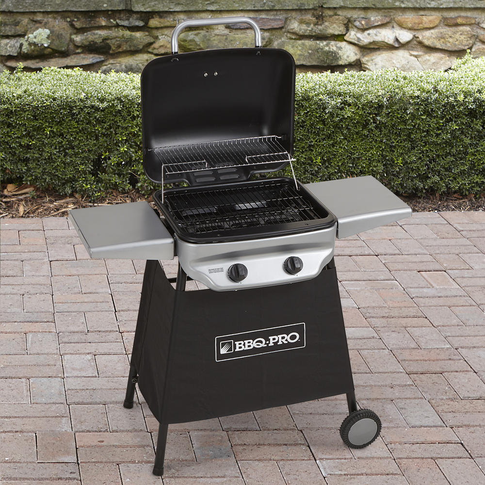 BBQ Pro 2-Burner Gas Grill with Side Shelves - Black