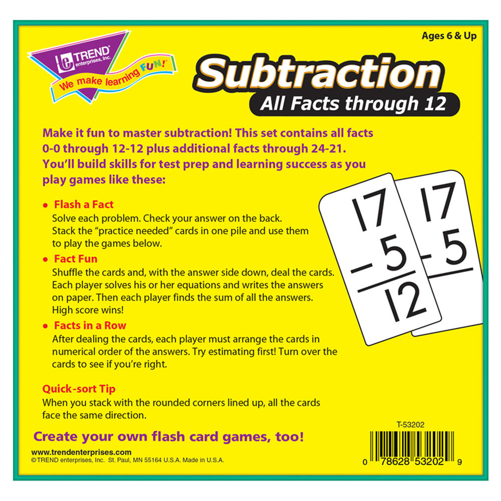 TREND Enterprises, Inc. Flash Cards All Facts 169/Box 0-12 Subtraction