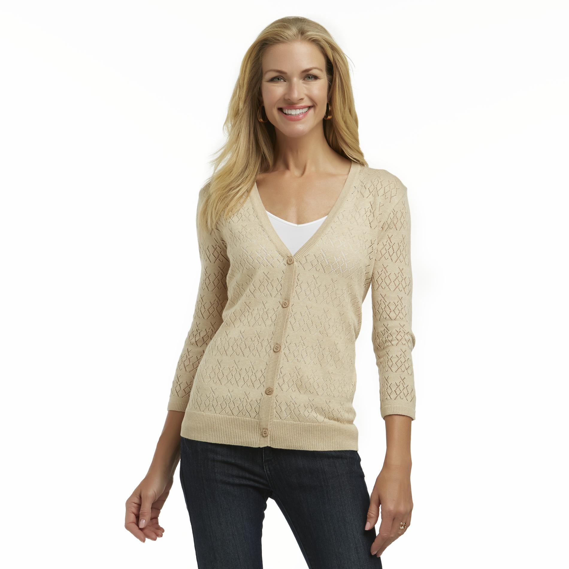 Basic Editions Women's Lightweight Pointelle Cardigan Sweater - Heathered